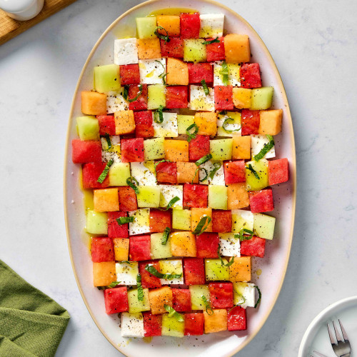 Melon Trio Cubed Salad with Feta - Watermelon Board